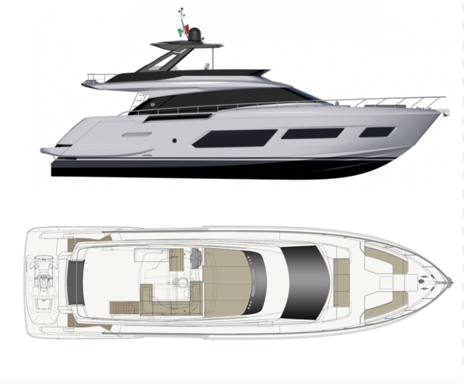 Layout Ferretti 670 profil & Flybridge deck diagram – Ita Yachts Canada